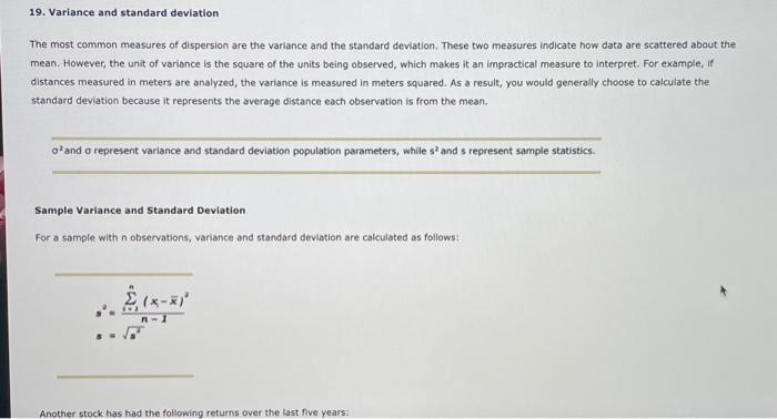 Solved 19. Variance and standard deviation The most common | Chegg.com