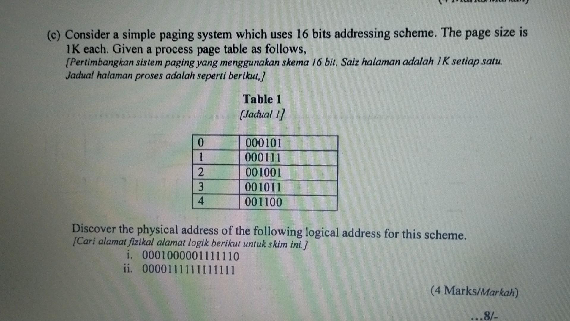 Solved (c) Consider a simple paging system which uses 16 | Chegg.com