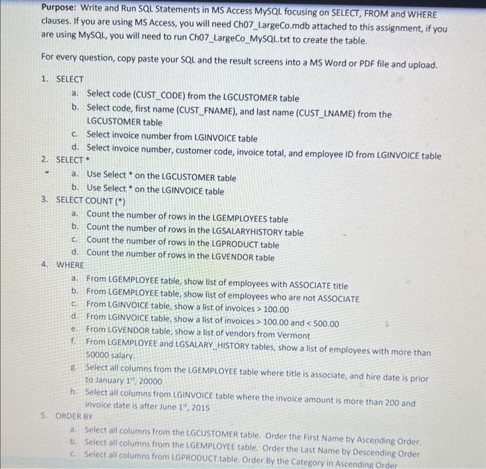 Purpose: Write and Run SQL Statements in MS Access | Chegg.com