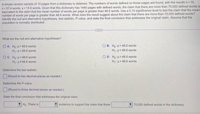 Solved A simple random sample of 10 pages from a dictionary | Chegg.com