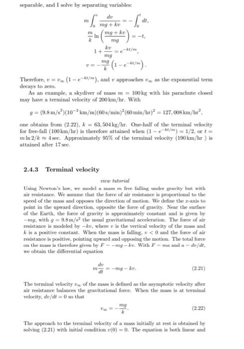2.4.3 Terminal velocity view tutorial Using Newton's | Chegg.com