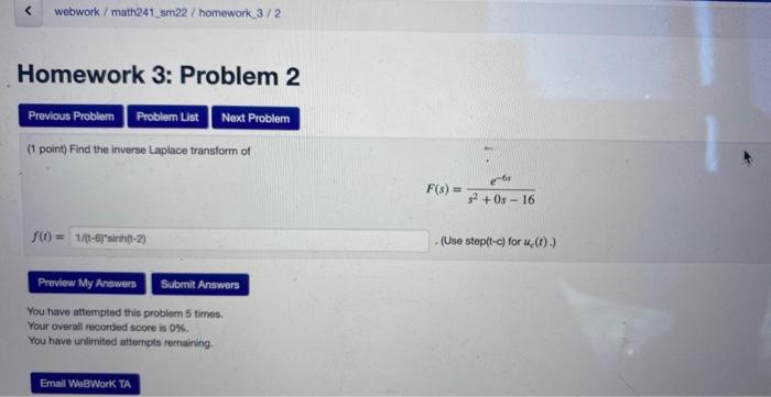 Solved (1 point) Find the inverse Laplace transform of | Chegg.com