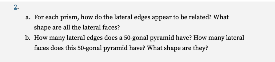Solved 2 .a. ﻿For each prism, how do the lateral edges | Chegg.com