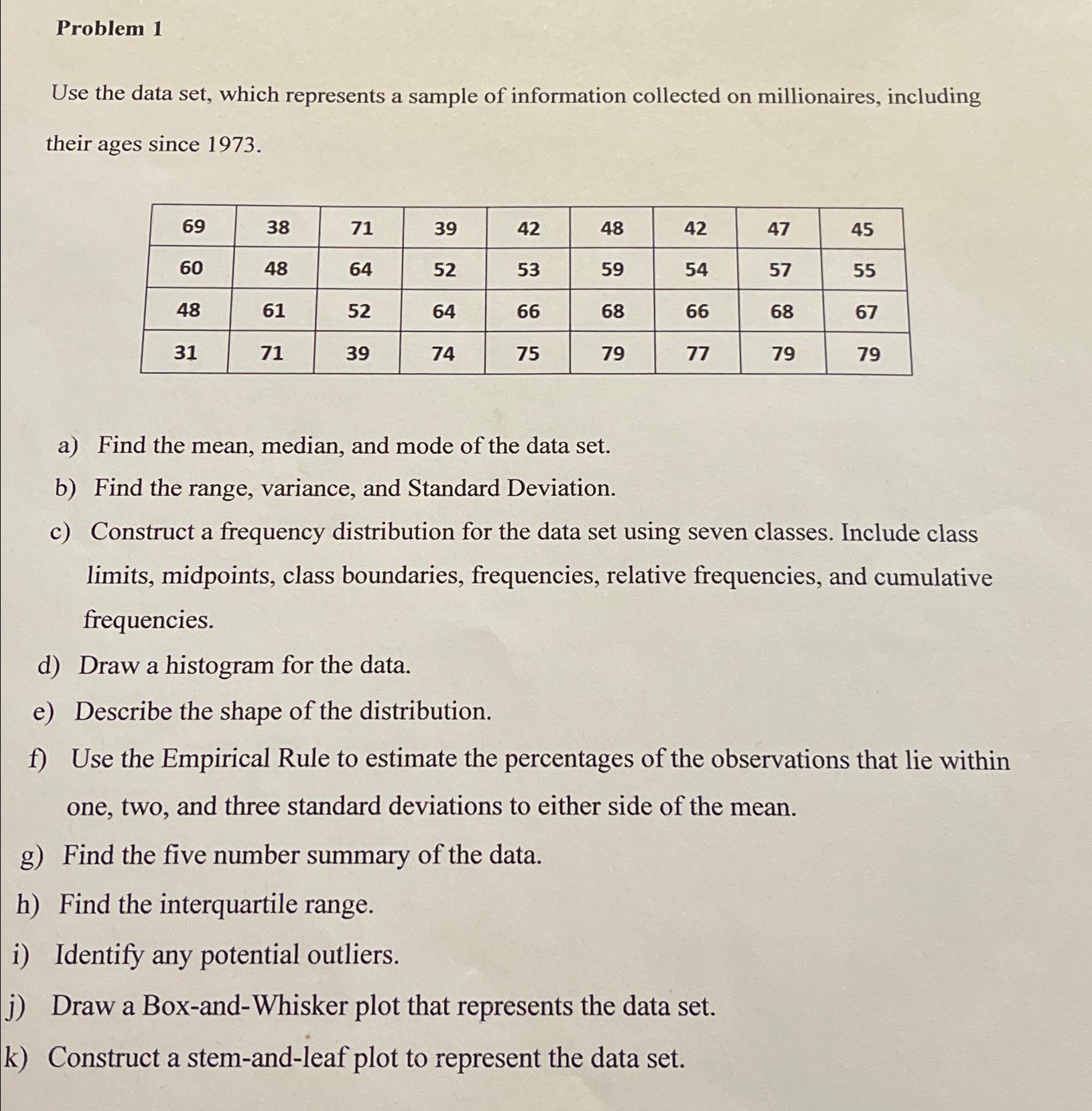 Solved Problem 1Use the data set, which represents a sample | Chegg.com