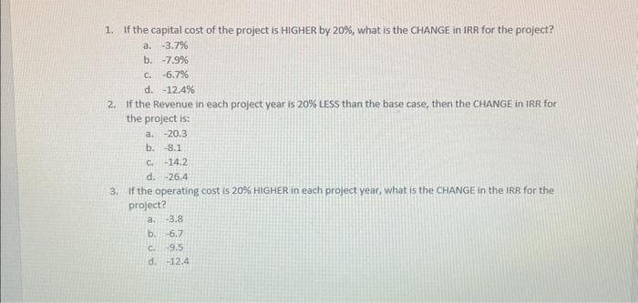Solved 1. If the capital cost of the project is HIGHER by | Chegg.com