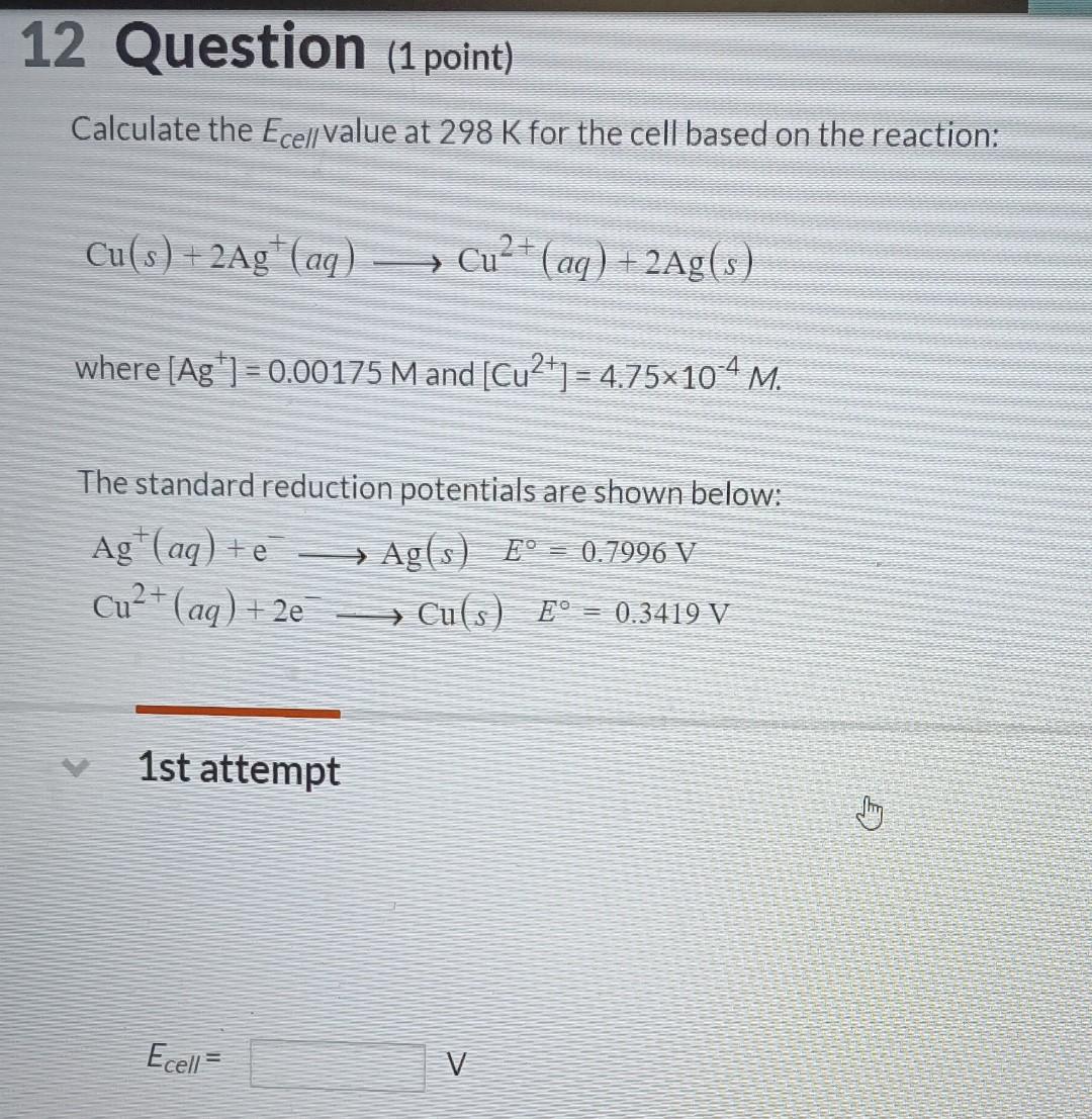 Solved Calculate The Ecell Value At 298 K For The Cell