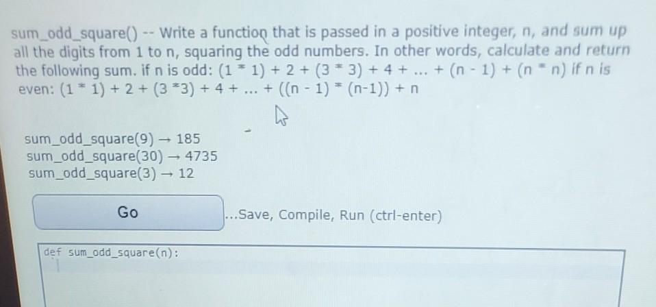 Solved sum_odd_square() Write a function that is passed in a | Chegg.com