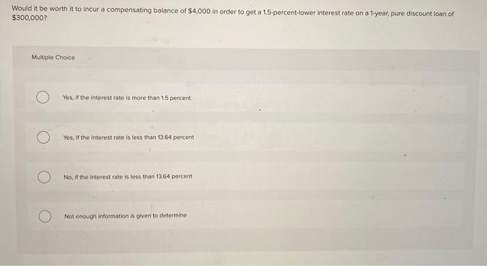 Solved Would it be worth it to incur a compensating balance | Chegg.com