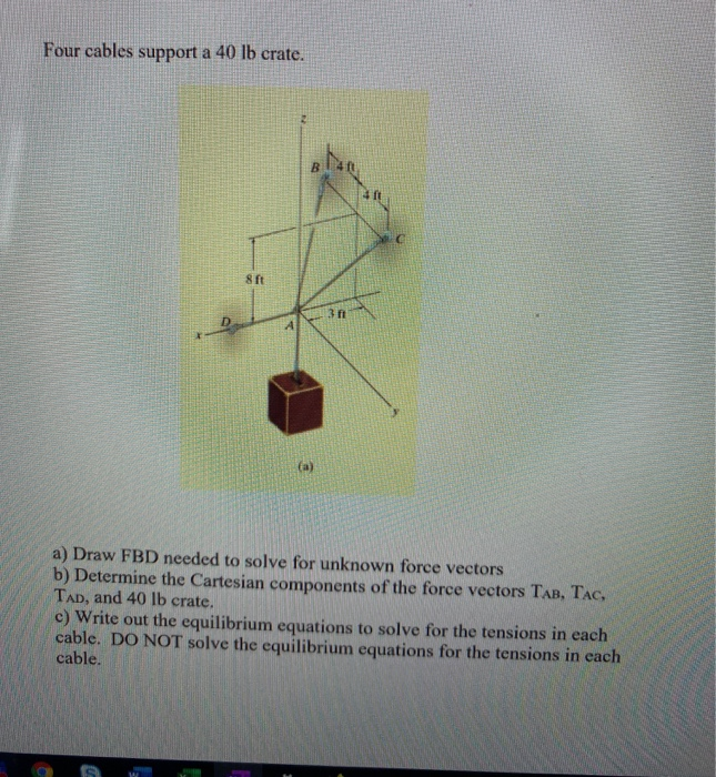 Solved Four cables support a 40 lb crate. B 411 8 ft 3f a) | Chegg.com