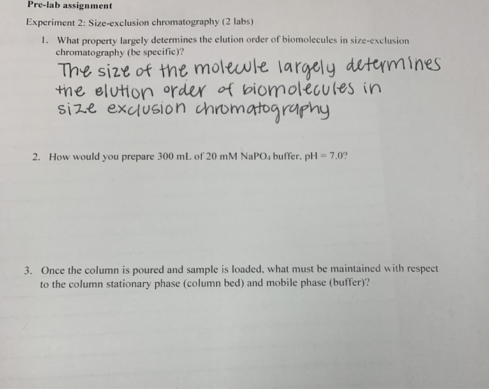 Solved Pre-lab assignment Experiment 2: Size-exclusion | Chegg.com
