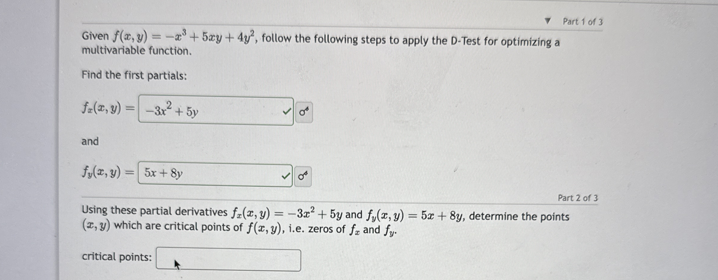 Solved Part 1 ﻿of 3Given f(x,y)=-x3+5xy+4y2, ﻿follow the | Chegg.com