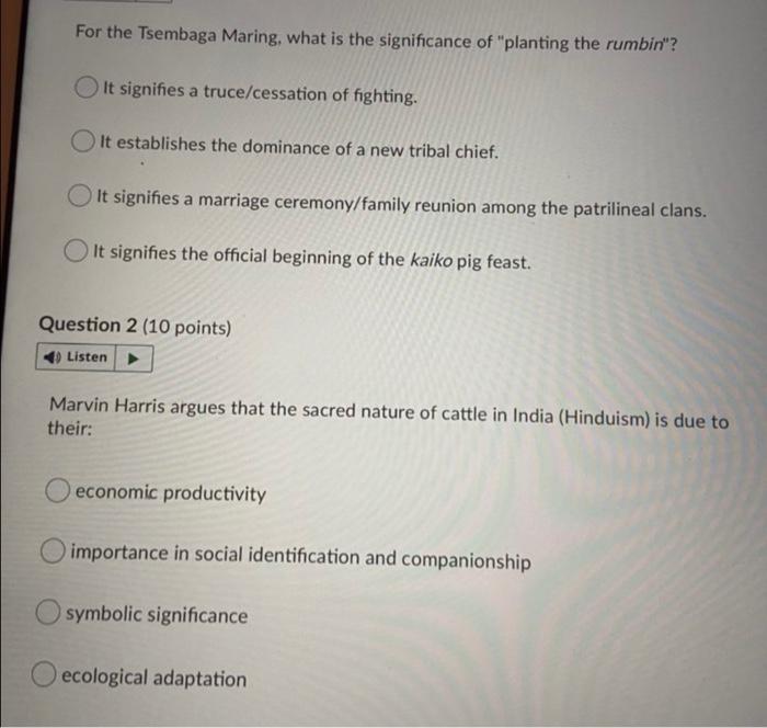 For the Tsembaga Maring, what is the significance of | Chegg.com