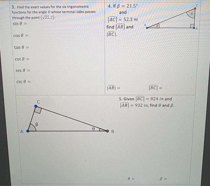 Solved 3. Find the exact values for the six trigonometric | Chegg.com