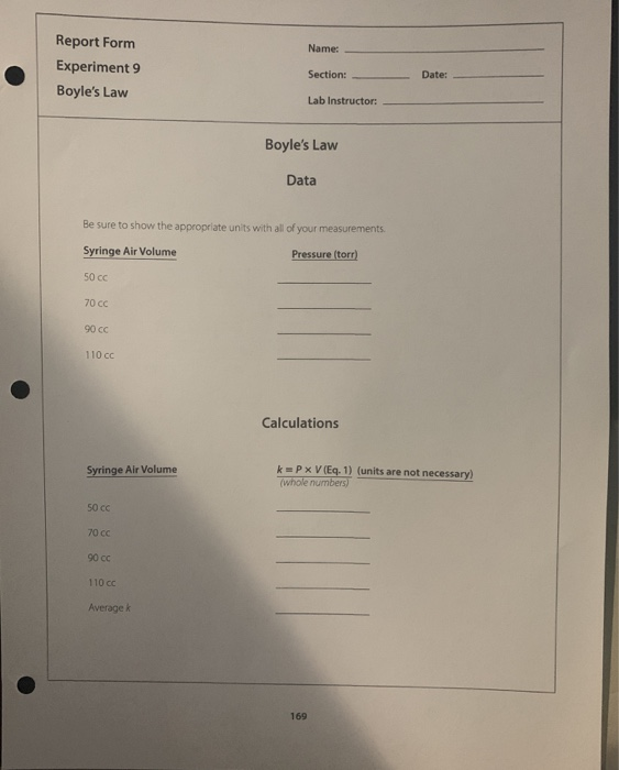 Name: Report Form Experiment 9 Boyle's Law Section: | Chegg.com