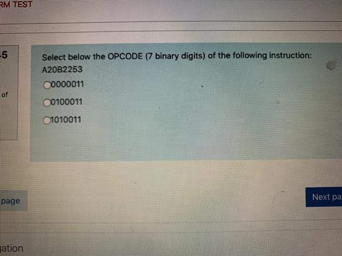 Solved RM TEST 15 Select below the OPCODE (7 binary digits) | Chegg.com