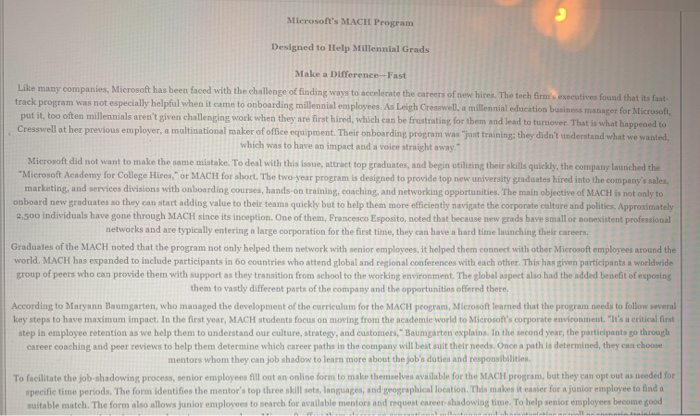 Solved Microsoft's MACH Program Designed to Help Millennial | Chegg.com