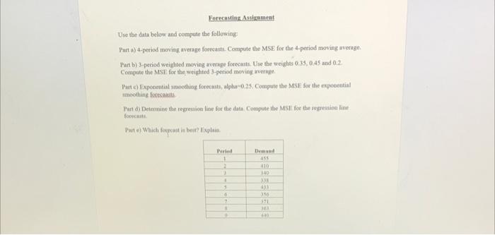 Solved Forecasting Assament Use the data below and compute | Chegg.com