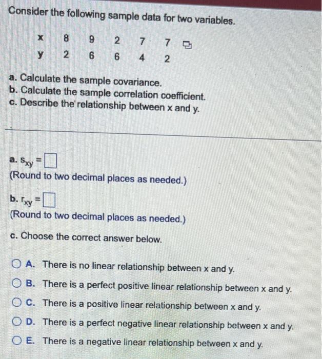 Solved Consider the following sample data for two variables. | Chegg.com