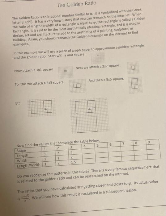 Solved The Golden Ratio The Golden Ratio is an irrational | Chegg.com