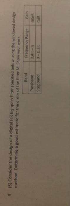 Solved 3. (5) Consider the design of a digital FIR highpass | Chegg.com