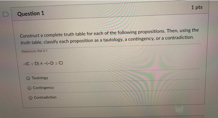 Solved 1 pts Question 1 Construct a complete truth table for | Chegg.com