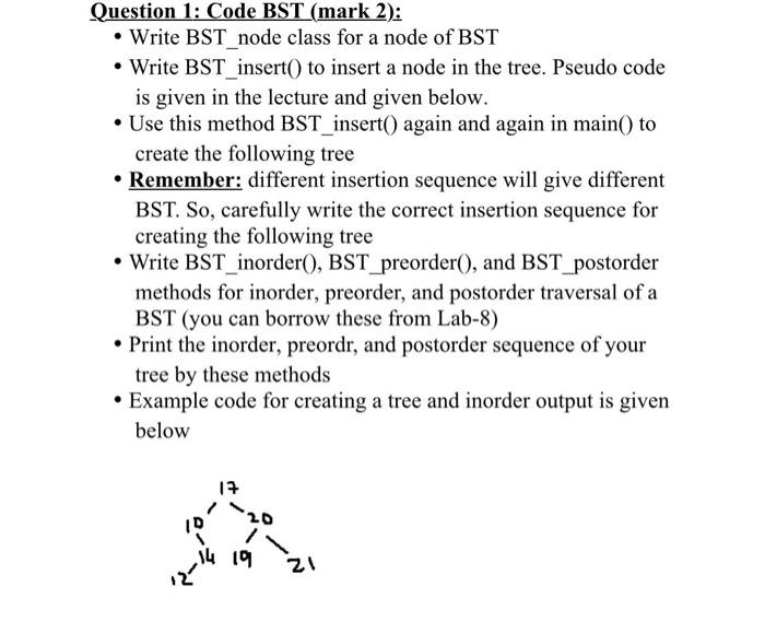 Solved Question 1 Code Bst Mark 2 • Write Bstnode Class 0728