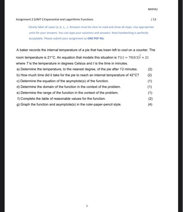 Solved MHF4U Assignment 2 (UNIT 1) Exponential and | Chegg.com