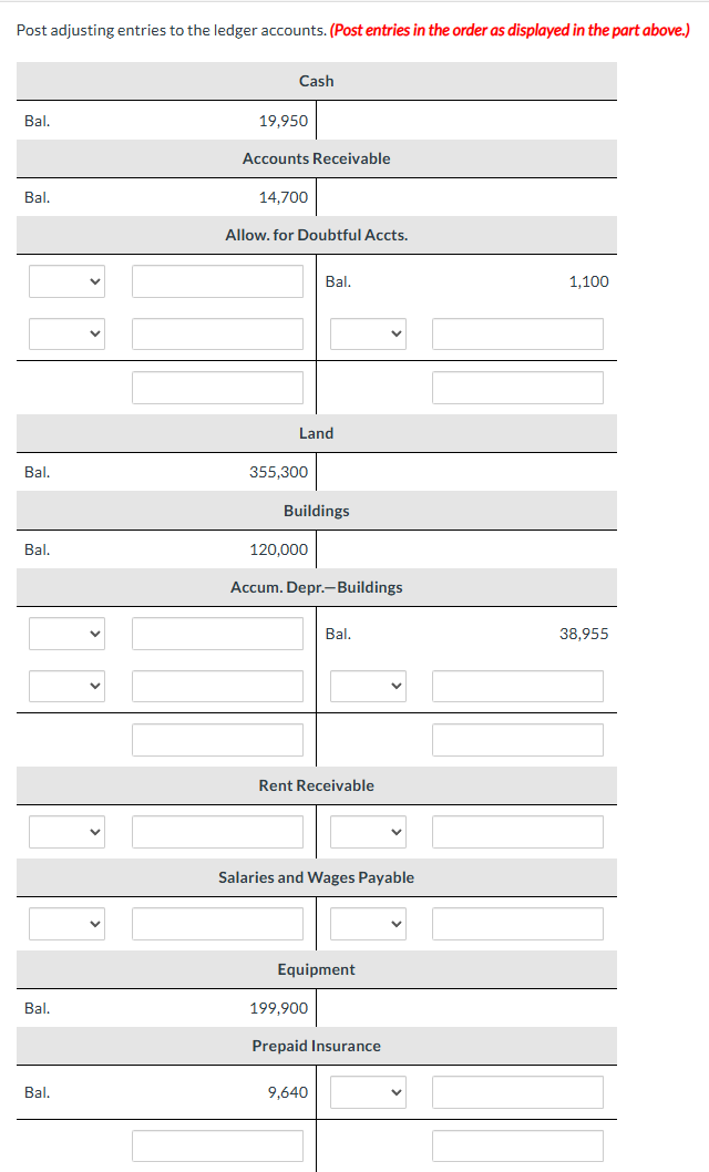 Solved Post adjusting entries to the ledger accounts. (Post | Chegg.com