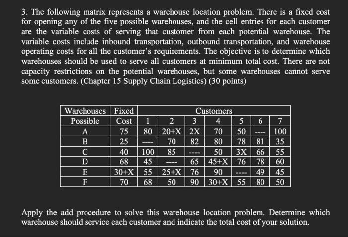 Solved 3. The following matrix represents a warehouse | Chegg.com
