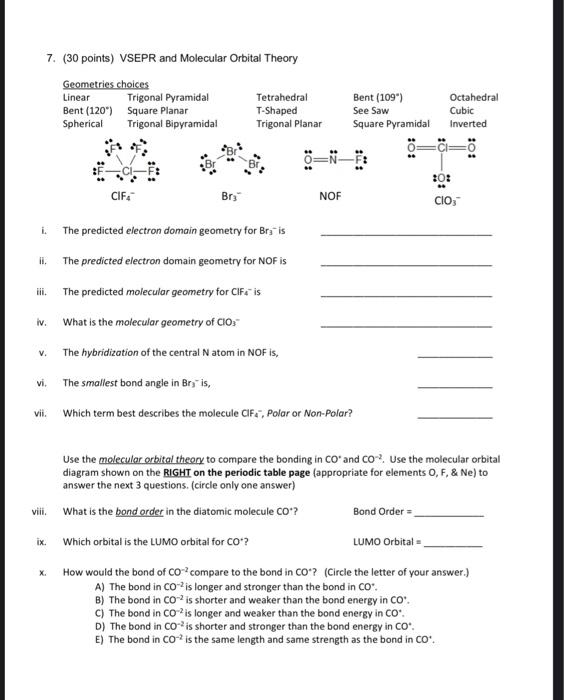 Solved 7. (30 points) VSEPR and Molecular Orbital Theory | Chegg.com