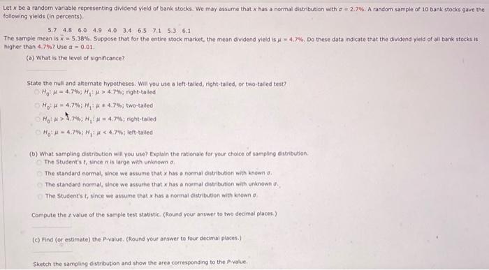 Solved x be a random variable representing dividend yield of | Chegg.com