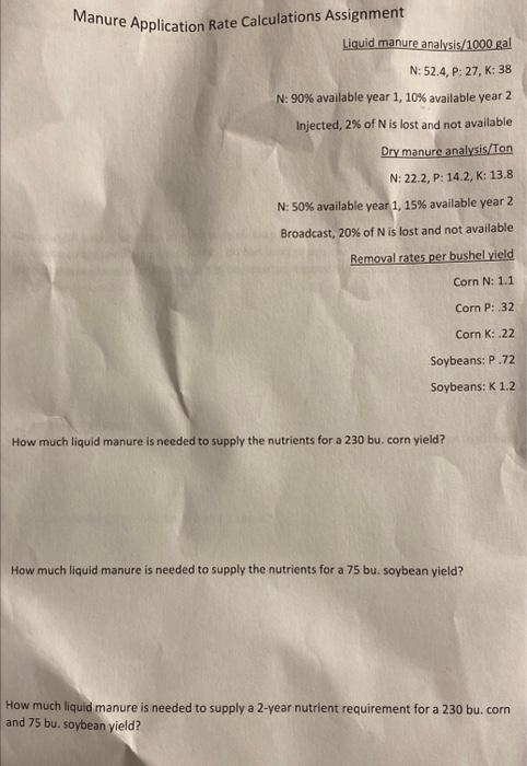 Solved Manure Application Rate Calculations Assignment 4134