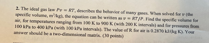 Solved 2. The ideal gas law Pv = RT, describes the behavior | Chegg.com