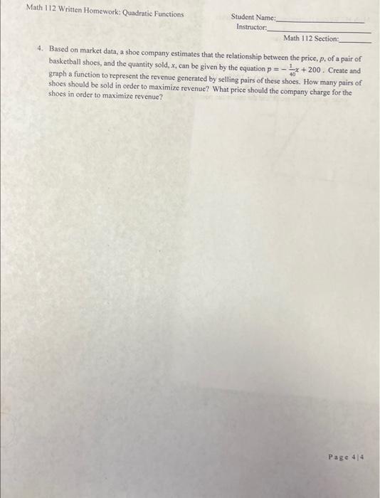 Solved Math 112 Written Homework: Quadratic Functions | Chegg.com