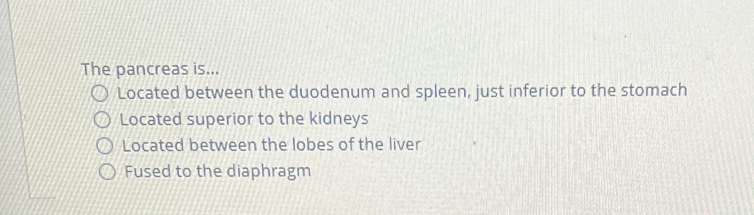 Solved The pancreas is...Located between the duodenum and | Chegg.com