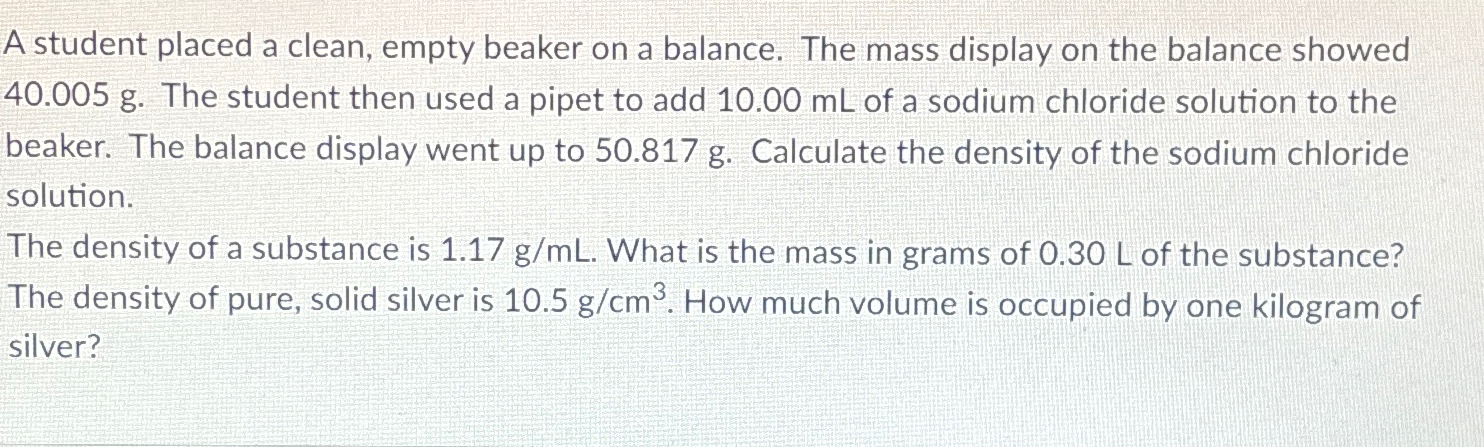 Solved A student placed a clean, empty beaker on a balance. | Chegg.com