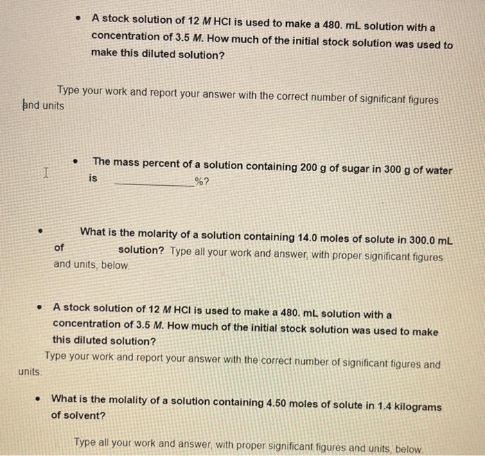 Solved - A stock solution of 12MHCl is used to make a 480.mL | Chegg.com