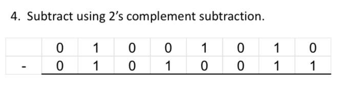 Solved 4. Subtract using 2's complement subtraction. 0 0 1 1 | Chegg.com