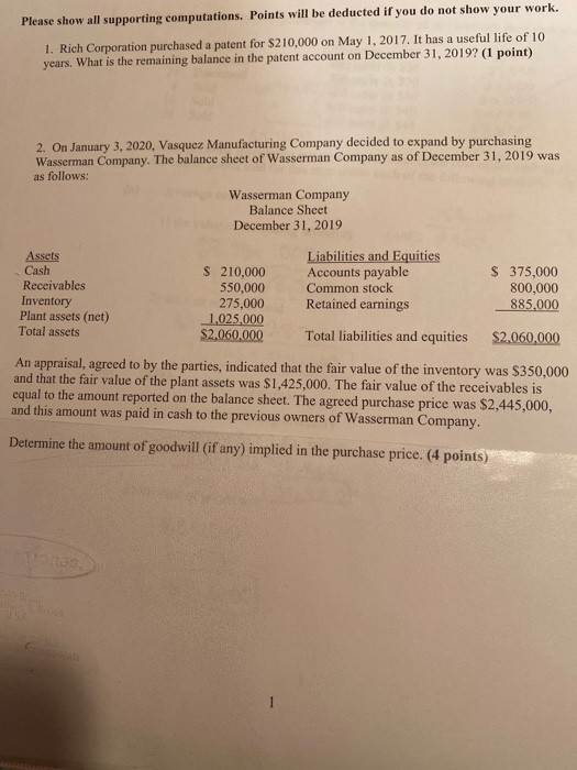 Solved Please show all supporting computations. Points will | Chegg.com