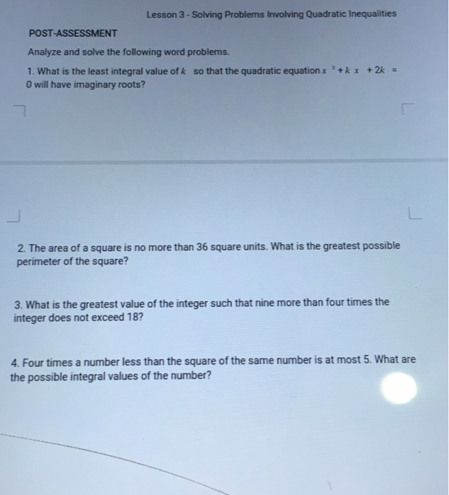 Solved Lesson 3 - Solving Problems involving Quadratic | Chegg.com