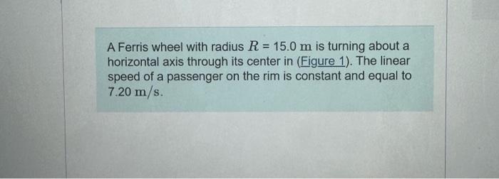 Solved A Ferris wheel with radius R=15.0 m is turning about | Chegg.com