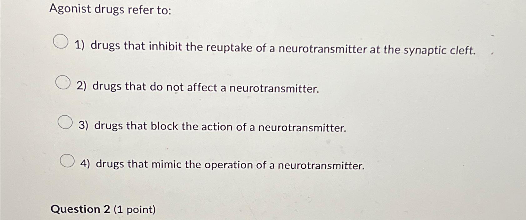 Solved Agonist drugs refer to:drugs that inhibit the | Chegg.com