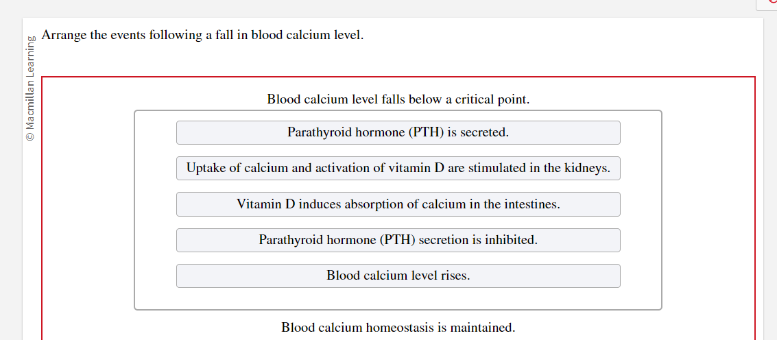 Solved Arrange the events following a fall in blood calcium | Chegg.com