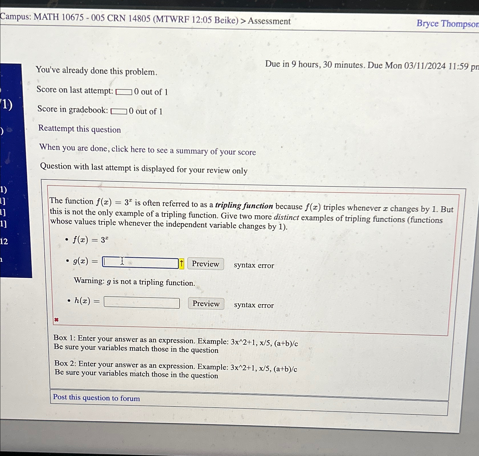 Solved Campus: MATH 10675 - 005 ﻿CRN 14805 (MTWRF 12:05 | Chegg.com