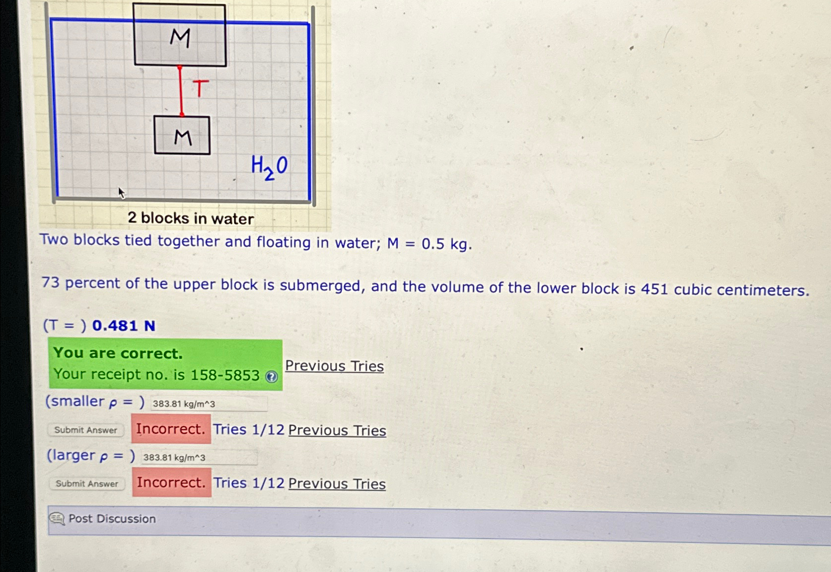 Solved Two blocks tied together and floating in water; | Chegg.com