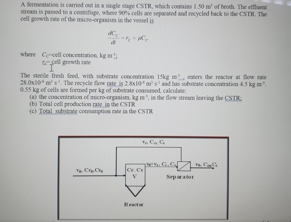 Solved A fermentation is carried out in a single stage CSTR, | Chegg.com