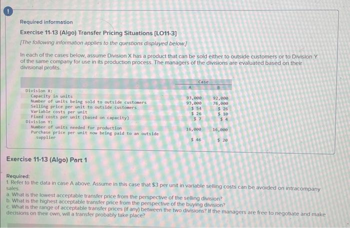 Solved 1 Required informotion Exercise 11-13 (Algo) Transfer | Chegg.com