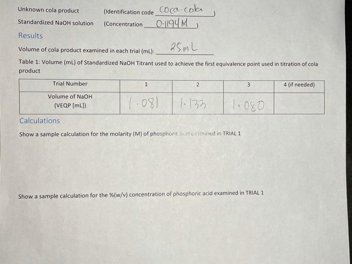 Solved Unknown cola product (identification code Coca-cola | Chegg.com