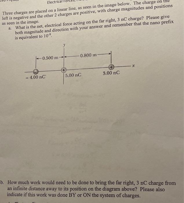 Solved Three charges are placed on a linear line, as seen in | Chegg.com