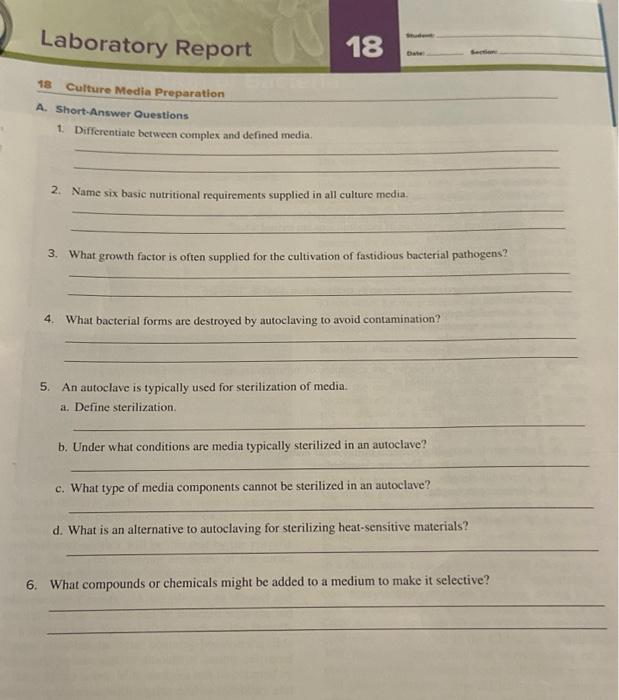 Solved Laboratory Report 18 Culture Media Preparation A. | Chegg.com